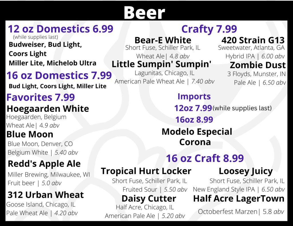 Menu | Zanies Rosemont Comedy Club