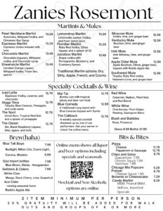 Menu | Zanies Rosemont Comedy Club