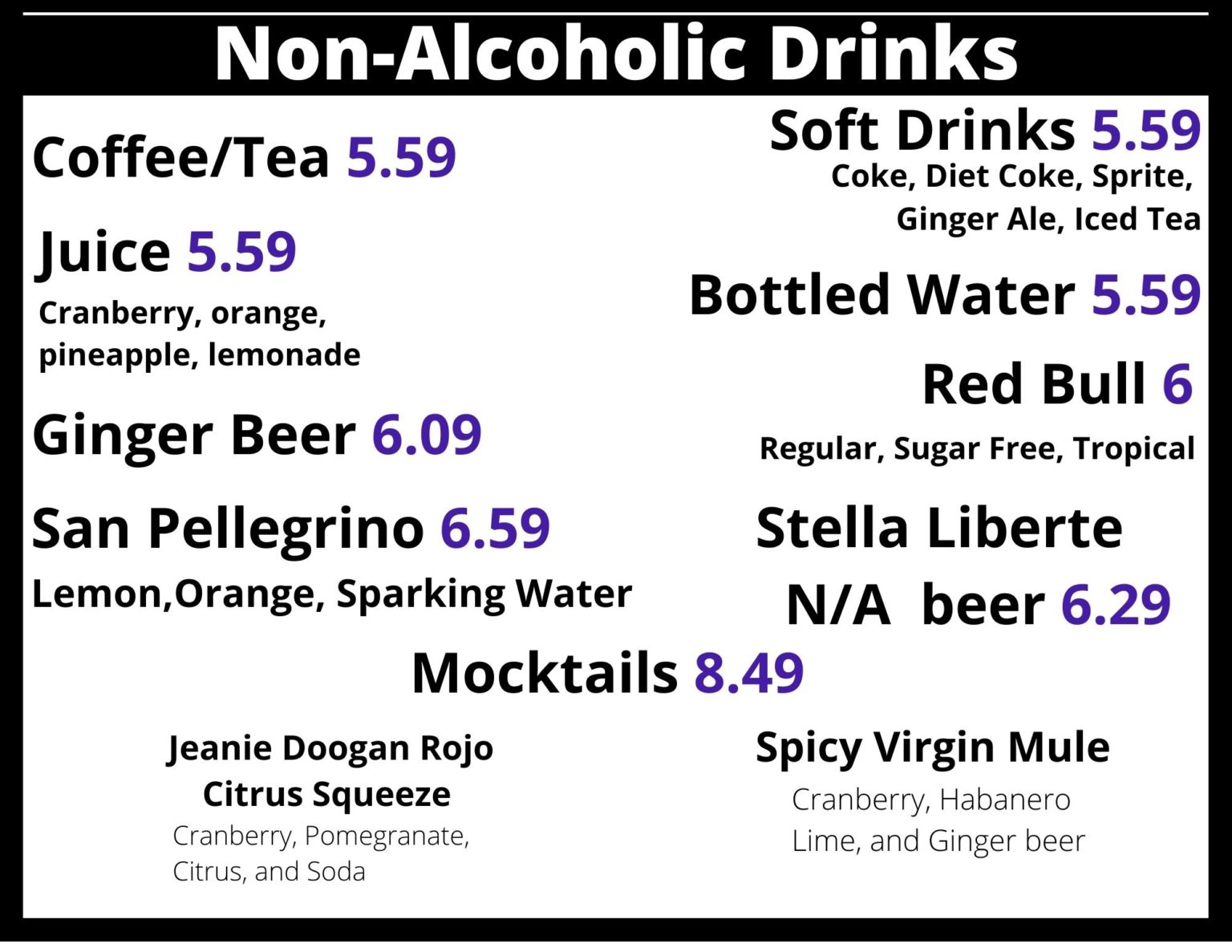 Menu | Zanies Rosemont Comedy Club