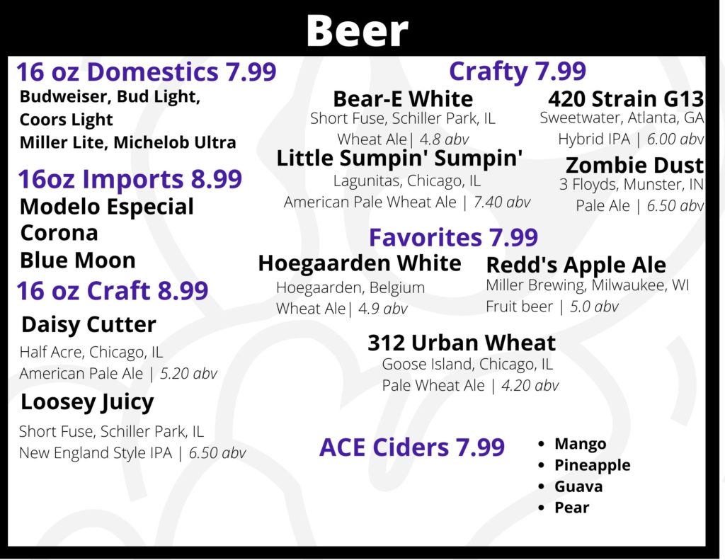 Menu | Zanies Rosemont Comedy Club